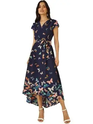 YUMI Butterfly Print Dip Hem Midi Wrap Dress - Navy