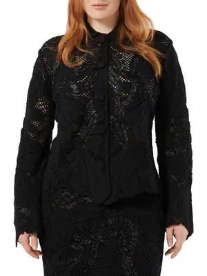 Marina Rinaldi Embroidered Mesh Cotton Blend Cardigan - Black