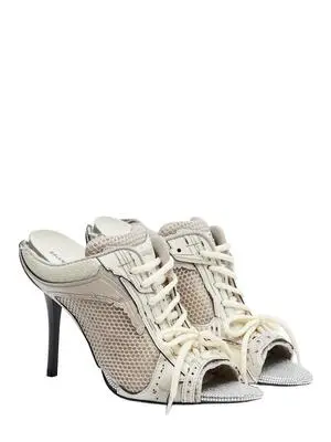 Balenciaga Stapler Distressed Leather-trimmed Mules - White