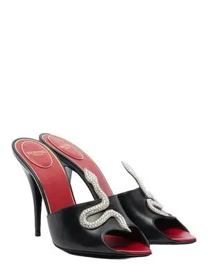 Valentino Garavani Cour Vipère Embellished Leather Mules - Black