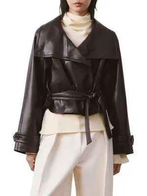Mango Faux Leather Belted Jacket - Maroon