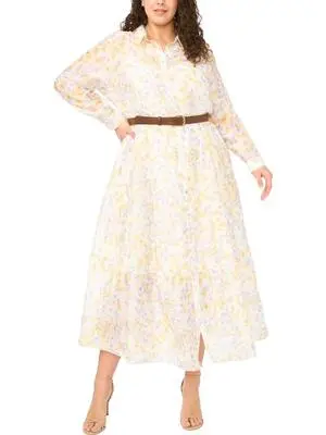 HALOGEN Floral Print Long Sleeve Maxi Shirtdress