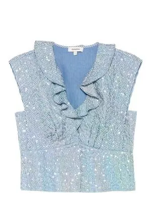 Sandro Striped Sequin Ruffled V-neck Sleeveless Top - Blue