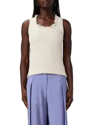 Emporio Armani Ribbed Knit Top With Fringe Detail - Beige