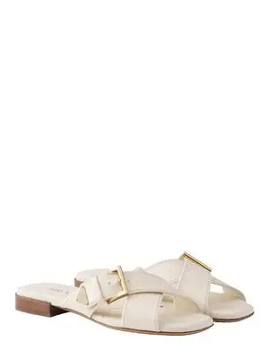 Prada Leather Crisscross Slides With Buckle - Neutral