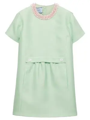 Prada Embroidered Slubbed Gazar Dress - Green