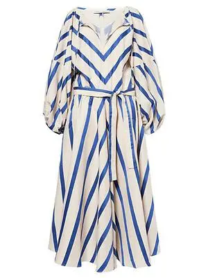 Palmer//harding Sonnet Chevron-stripe Linen-blend Midi Dress - Blue