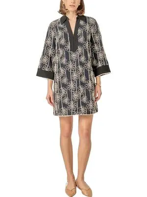 English Factory Floral Embroidery Shift Mini Dress - Black/natural
