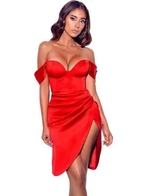 MISS CIRCLE NEW YORK Hedy Satin Corset Midi Dress - Red