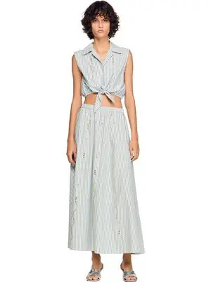 Sandro Cropped Striped Rhinestone Shirt - Blue
