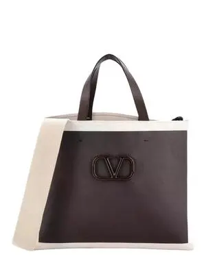 Valentino Garavani Vlogo Signature Leather And Canvas Large Tote - Neutrals