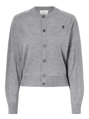 AMI Paris Embroidered Wool Cardigan - Gray