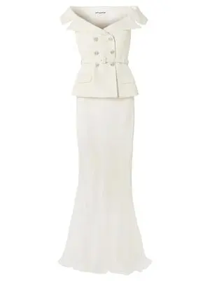 SELF-PORTRAIT Off-the-shoulder Belted Bouclé And Crepe Maxi Dress - Neutrals