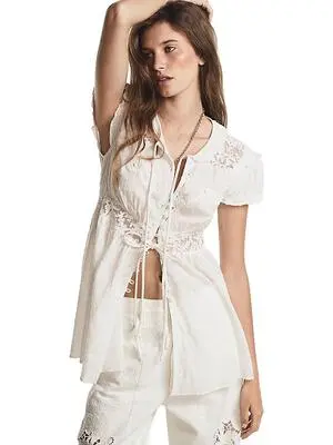 Anthropologie Short-sleeve Airy Embroidered Tunic Top - Ivory