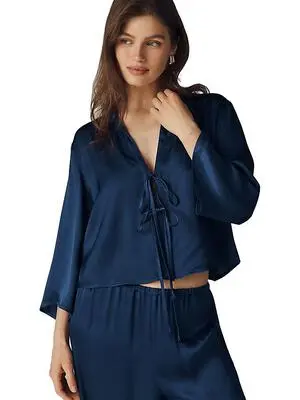 Maeve Long-sleeve Silky Tie-front Top - Navy Ink