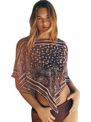 Anthropologie Printed Scarf Poncho Top - Brown Pattern