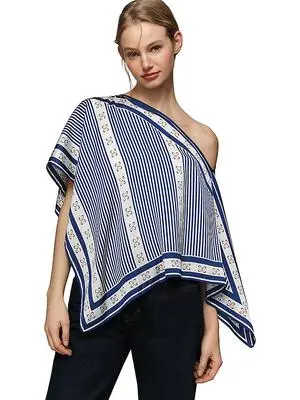 Anthropologie Printed Scarf Poncho Top - Navy