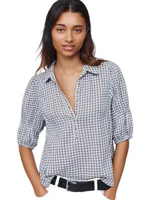 PILCRO Tallulah Puff Sleeve Buttondown Top - Grey Plaid