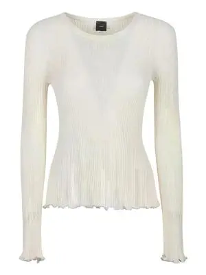 Pinko Long-sleeve Crewneck Ribbed Knit Top With Embellished Hems - Neutrals