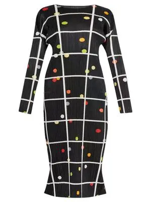 Issey Miyake Pleated Grid Print Dress - Black