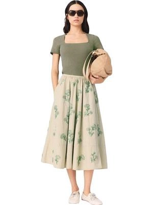 Maje Embroidered Technical Midi Skirt Beige