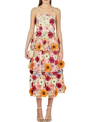 Endless Rose Embroidered Floral Tiered Dress Beige