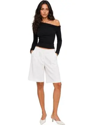 MONLICIA Lune Asymmetric Off-shoulder Long Sleeve Stretch Top - Black