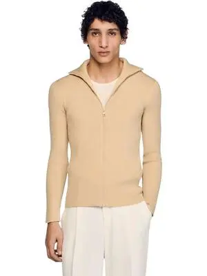 Sandro Zip Cardigan With Standing Collar - Beige