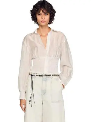 SANDRO Smocked Linen Shirt
