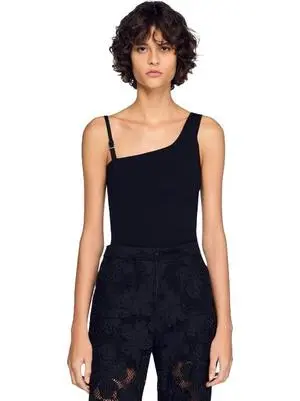 Sandro Asymmetric Knit Top With Strap - Black