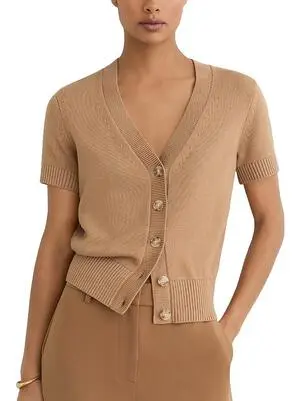 REISS Anya Short Sleeve Cardigan - Camel