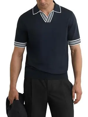 REISS Open Collar Stripe Polo Shirt - Navy