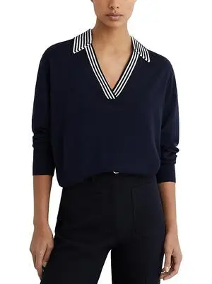 REISS Merino Wool V-neck Jumper - Navy/white
