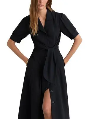 REISS Tessera Short Sleeve Linen Blend Midi Dress - Navy