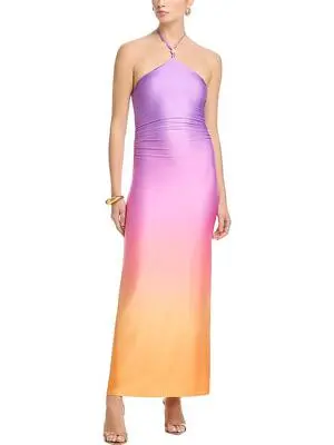 gold halter dress long Gold Halter V-Neck Beaded Floor Length Slit Prom Dress main image 0