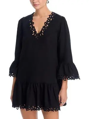 Aqua Eyelet V-neck Mini Shirt Dress - Black