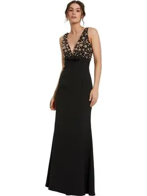 Mac Duggal Petite Crepe Sleeveless Beaded V Neck Gown With Bow - Black