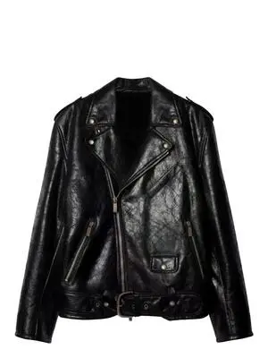 Off-White Crinkled Leather Biker Jacket - Black