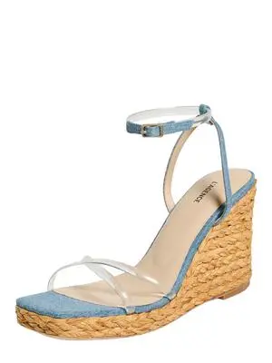 L'Agence Malone Raffia Wedge Sandals - Blue Denim