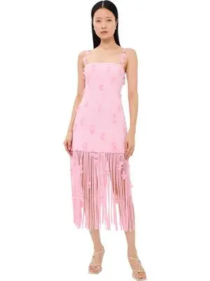 Simkhai SIMKHAI Juliana Midi Dress With Floral Applique And Fringe Hem Tulip