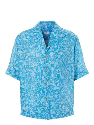 Kiton Printed Linen Bowling Shirt - Blue