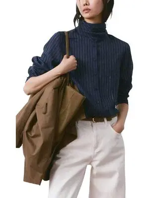 Mango Striped Tie Neck Top - Navy