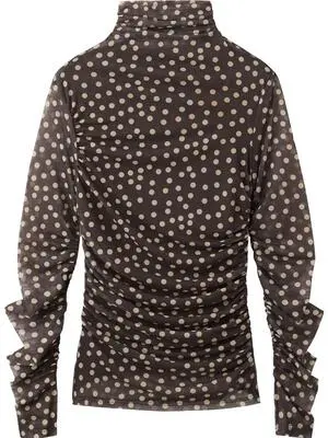 Mango Polka Dot Ruched Turtleneck Mesh Top - Brown