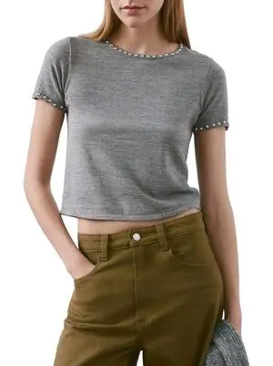 Mango Studded Short Sleeve Sweater - Medium Heather Grey