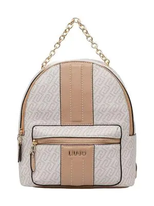 Liu Jo Grained Faux Leather Backpack With All-over Monogram - Beige
