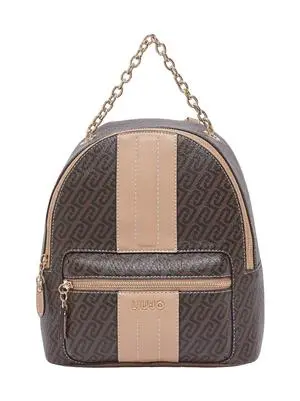 Liu Jo Grained Faux Leather Backpack With All-over Monogram - Brown