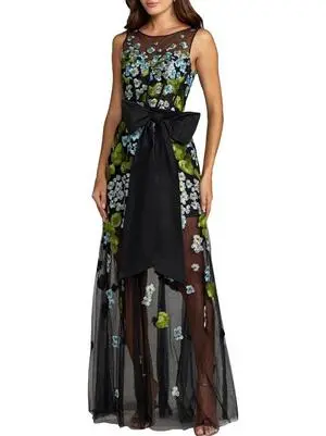 Mac Duggal Sleeveless Mesh Applique Gown With Bow Belt - Blue Multi