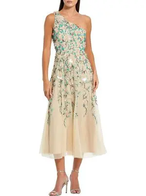 Mac Duggal Floral Embellished One Shoulder Midi Dress - Nude Multi