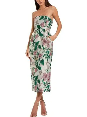 Mac Duggal Floral Brocade Strapless Midi Dress - Lily