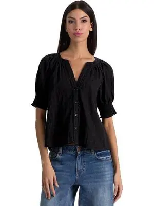 Alice + Olivia Thalia Embroidered Puff Sleeve Blouse - Black